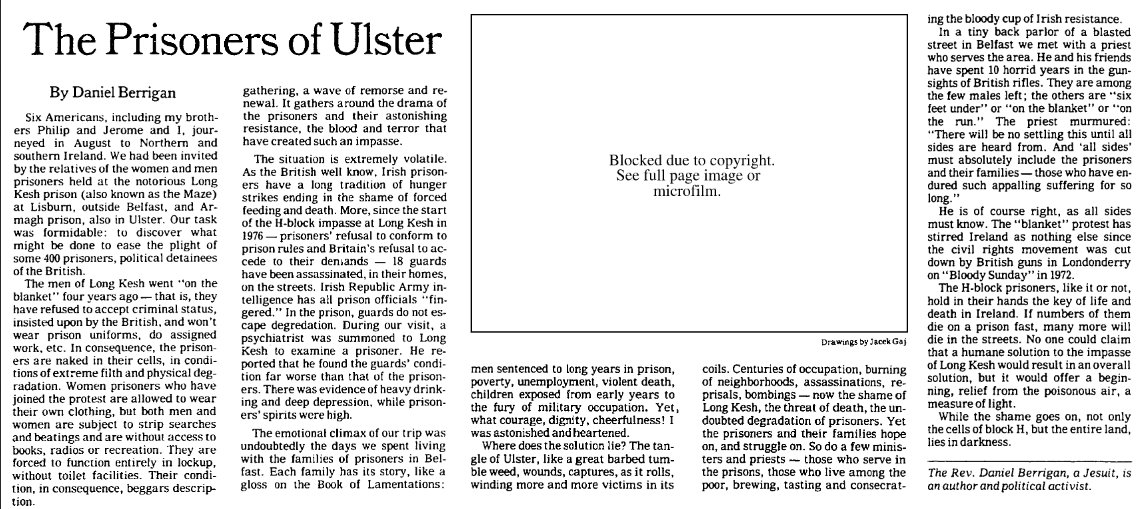 Fr. Daniel Berrigan, RIP, On The H-Blocks Protest | The Broken Elbow